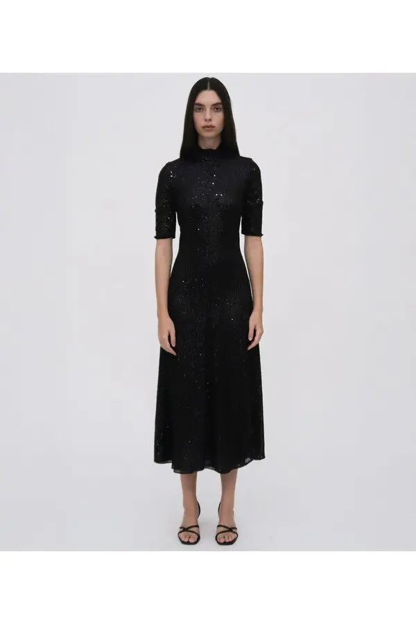 Rosetta Getty Sequin Mesh Zip-up Midi Turtleneck Dress - Black