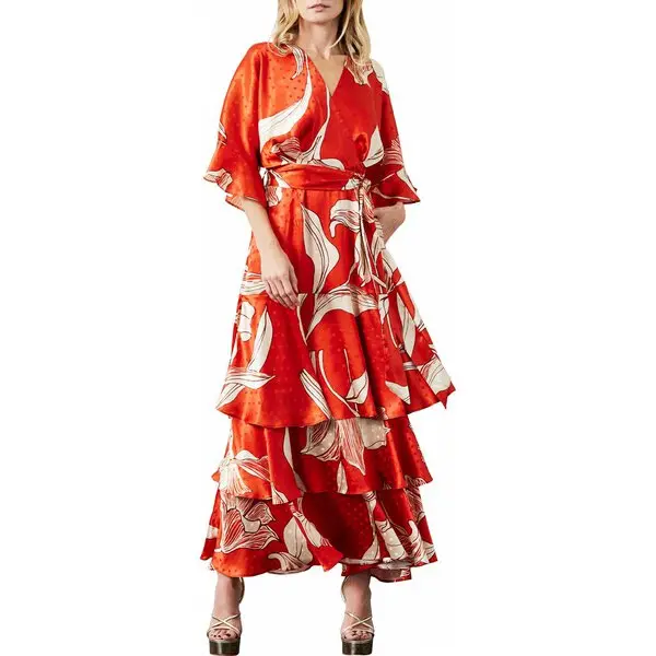 CIEBON Floral Dot Jacquard Tiered Satin Maxi Dress - Coral Red Multi