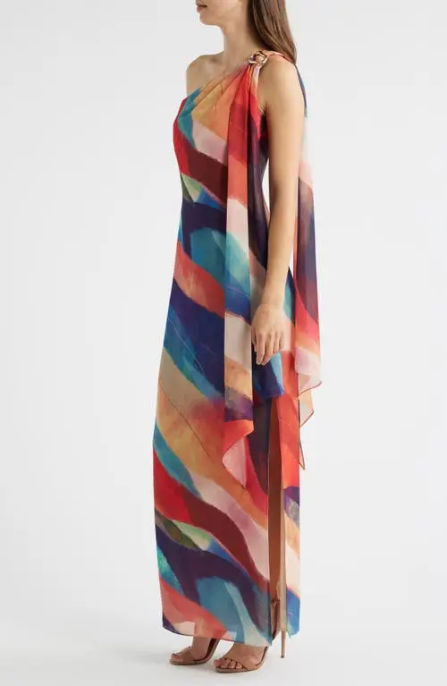 Vince Camuto Abstract Stripe One-shoulder Chiffon Gown