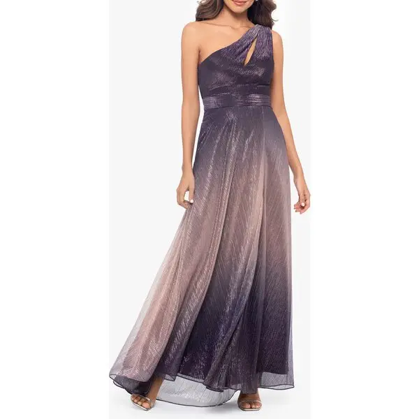 Betsy & Adam One-shoulder Metallic Crinkle Ombré Gown