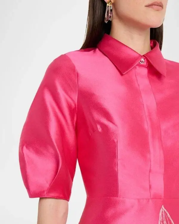 Rickie Freeman For Teri Jon Puff-sleeve Gazar Midi Shirtdress - Pink