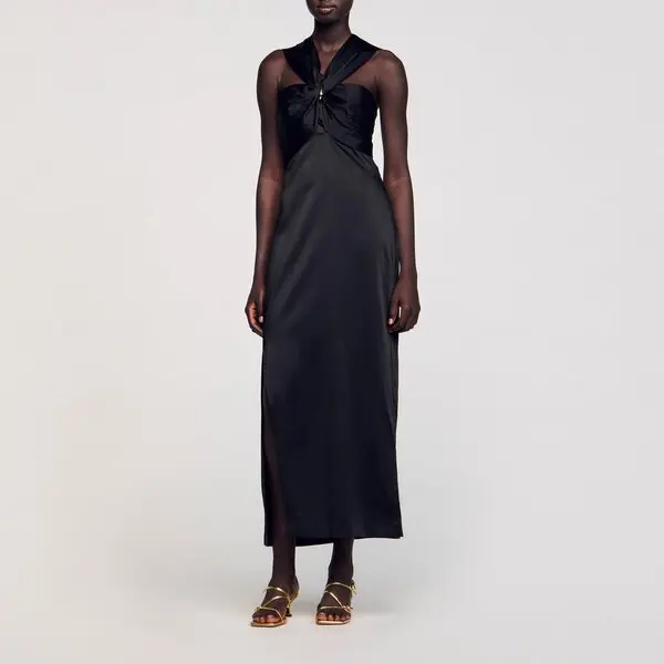 Sandro Satin-effect Maxi Dress With Slit - Black