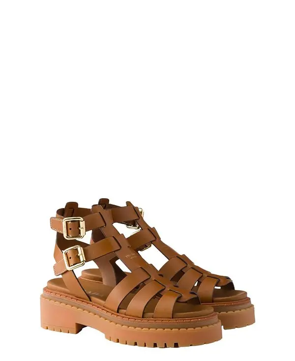 Prada Leather Strappy Sandals - Brown