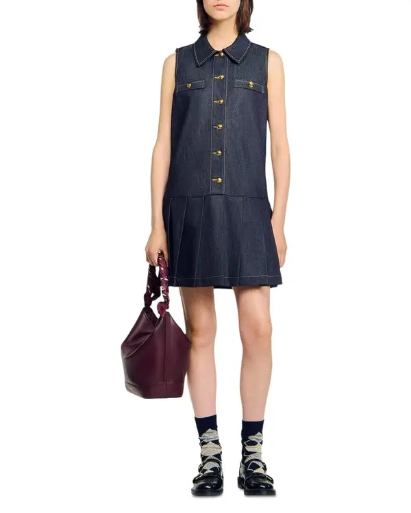 Sandro Button Front Mini Denim Shirt Dress