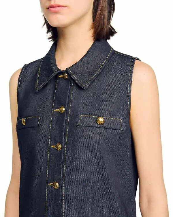 Sandro Button Front Mini Denim Shirt Dress