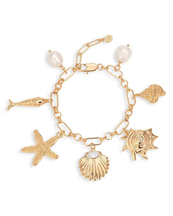 Ettika Cubic Zirconia & Cultured Freshwater Pearl Shell Charm Bracelet - Gold