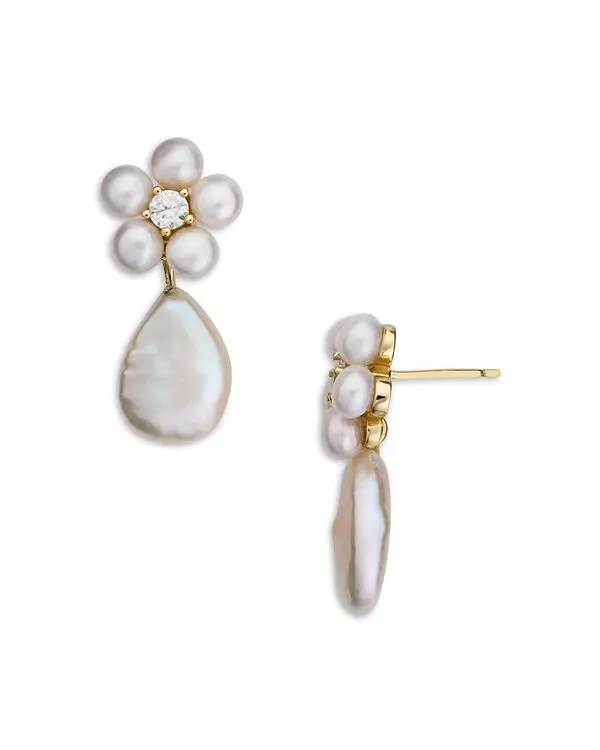 Shashi Cultured Freshwater Pearl Flower Drop Earrings - Gold