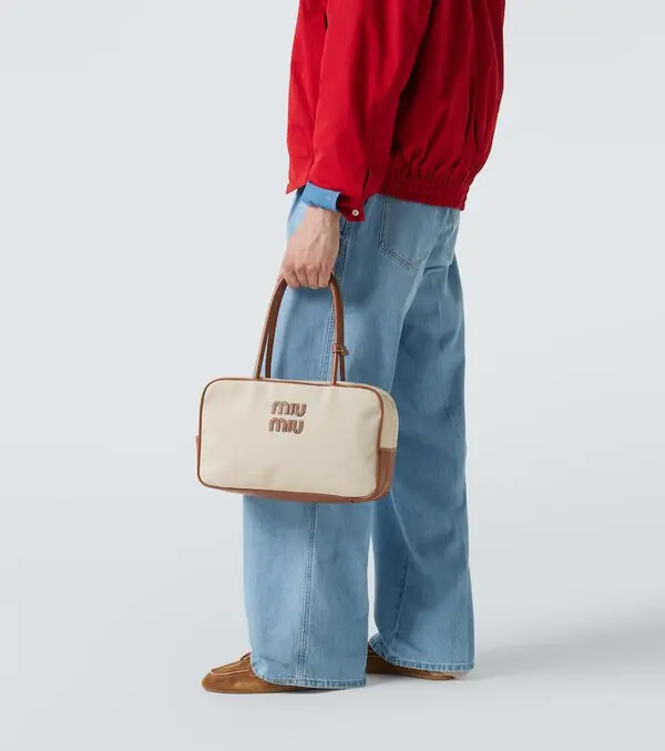 Miu Miu Leather-trimmed Canvas Tote Bag - Neutrals