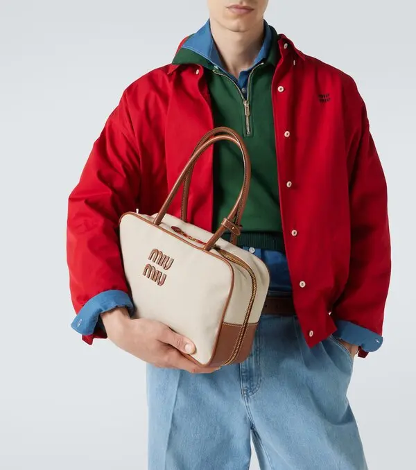 Miu Miu Leather-trimmed Canvas Tote Bag - Neutrals