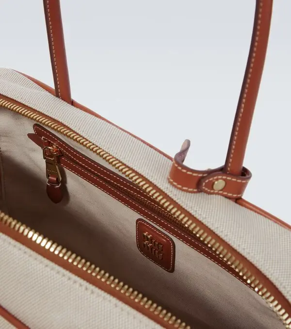Miu Miu Leather-trimmed Canvas Tote Bag - Neutrals