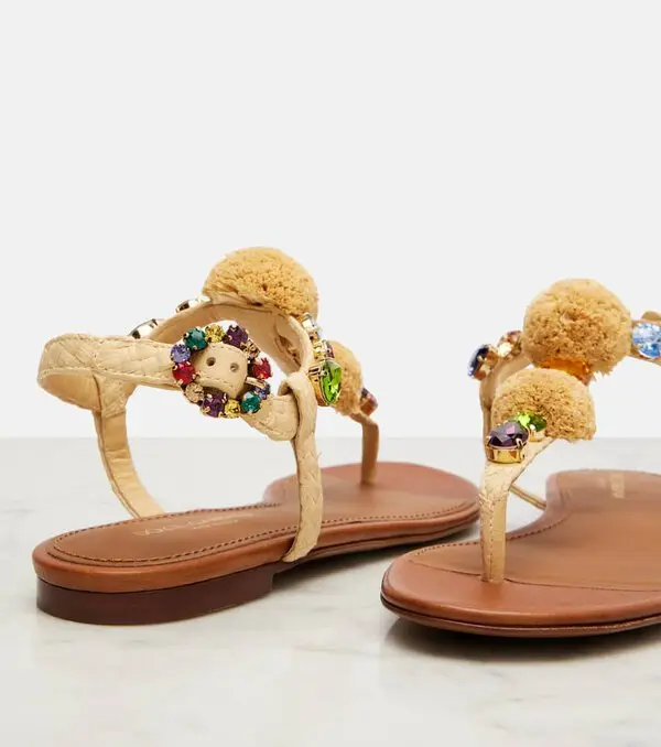 Dolce & Gabbana Embellished Raffia-effect Thong Sandals - Beige
