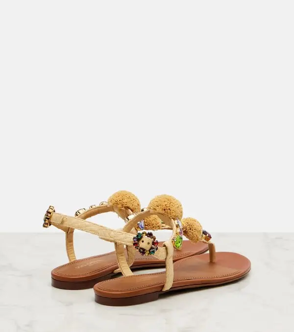 Dolce & Gabbana Embellished Raffia-effect Thong Sandals - Beige