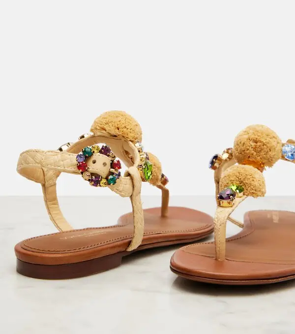 Dolce & Gabbana Embellished Raffia-effect Thong Sandals - Beige