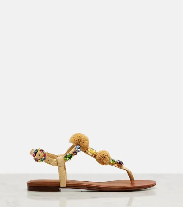 Dolce & Gabbana Embellished Raffia-effect Thong Sandals - Beige