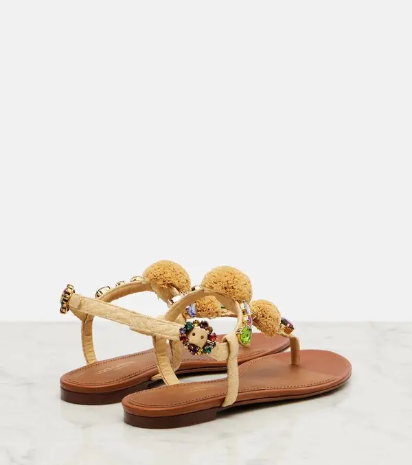 Dolce & Gabbana Embellished Raffia-effect Thong Sandals - Beige