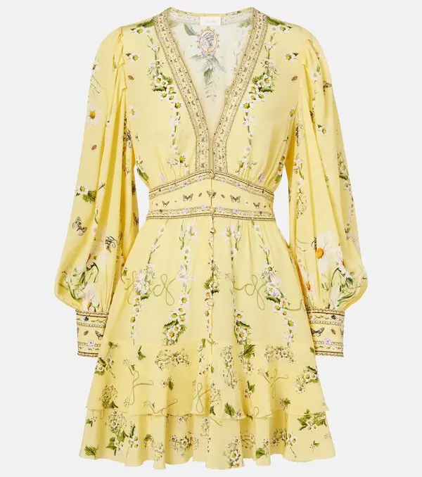 Camilla Floral Silk Crêpe Minidress - Yellow