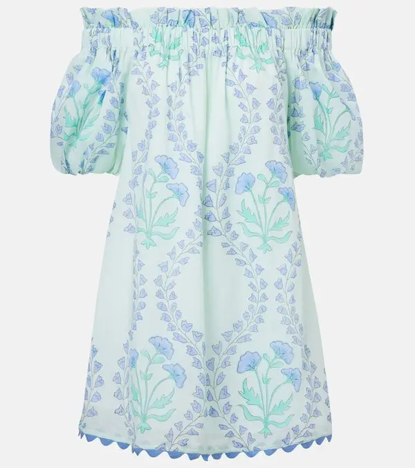 JULIET DUNN Printed Off-shoulder Cotton Minidress - Blue