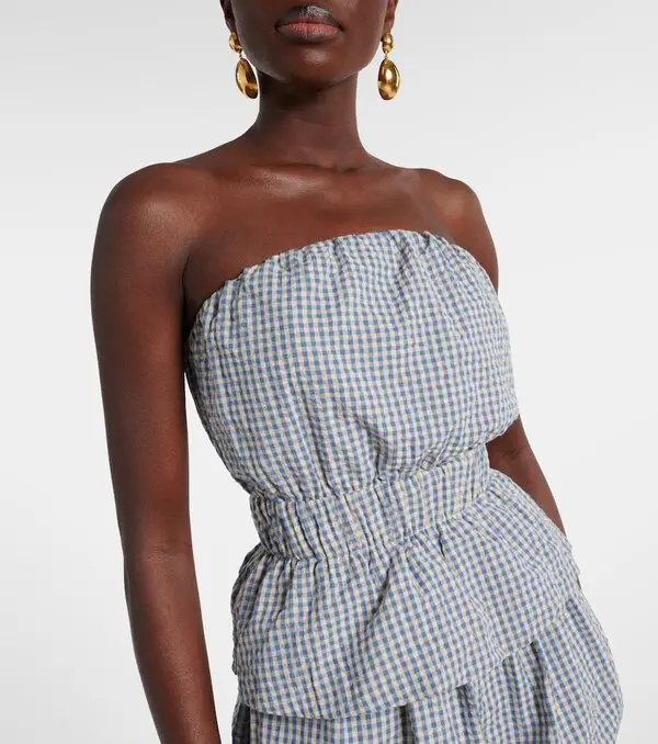Posse Aurelia Gingham Strapless Cotton Top - Blue