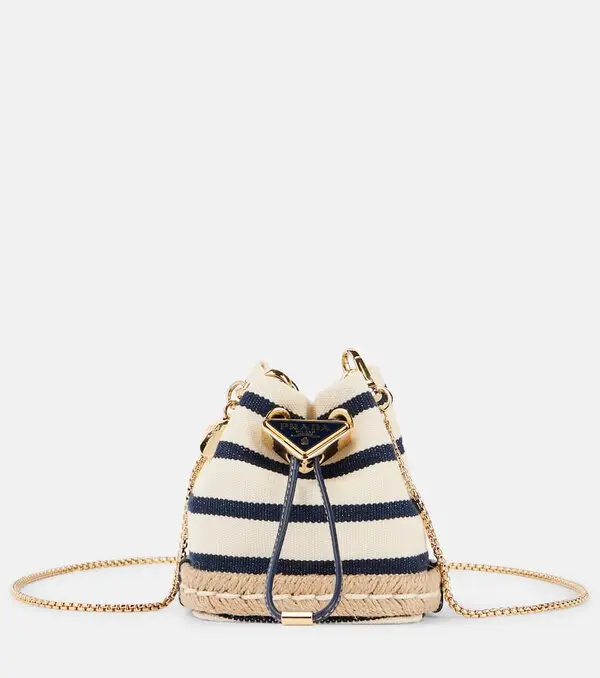 Prada Mini Striped Canvas Bucket Bag - Blue