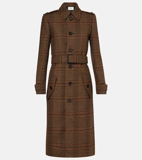 Saint Laurent Belted Prince Of Wales Wool Coat - Brown