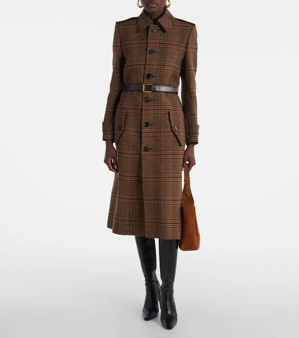 Saint Laurent Belted Prince Of Wales Wool Coat