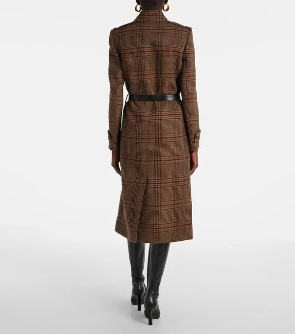 Saint Laurent Belted Prince Of Wales Wool Coat
