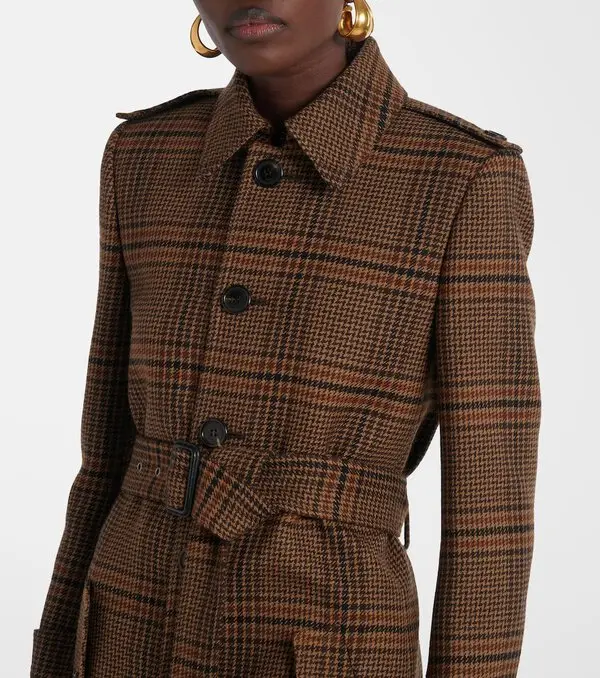 Saint Laurent Belted Prince Of Wales Wool Coat