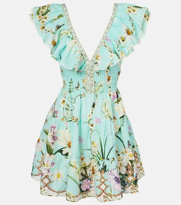 Camilla Floral Embellished Linen Minidress - Blue
