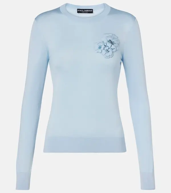 Dolce & Gabbana Silk Sweater With Floral Appliqu - Blue