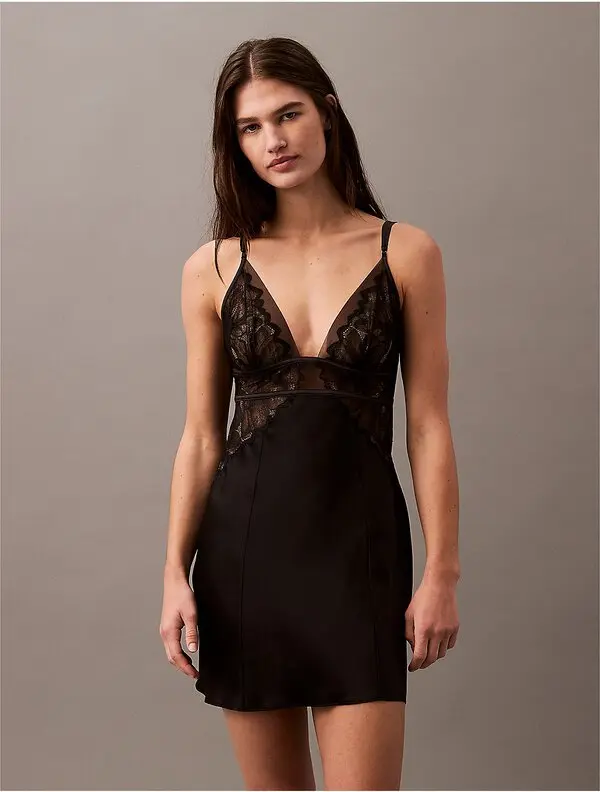 Calvin Klein Floral Lace Silk Chemise - Black