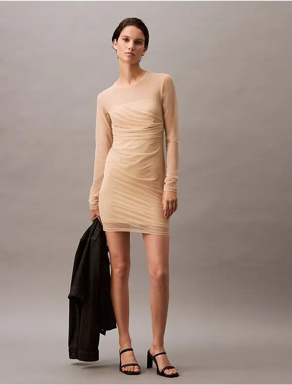 Calvin Klein Layered Mesh Mini Dress In Warm Sand - 75% Off | Editorialist