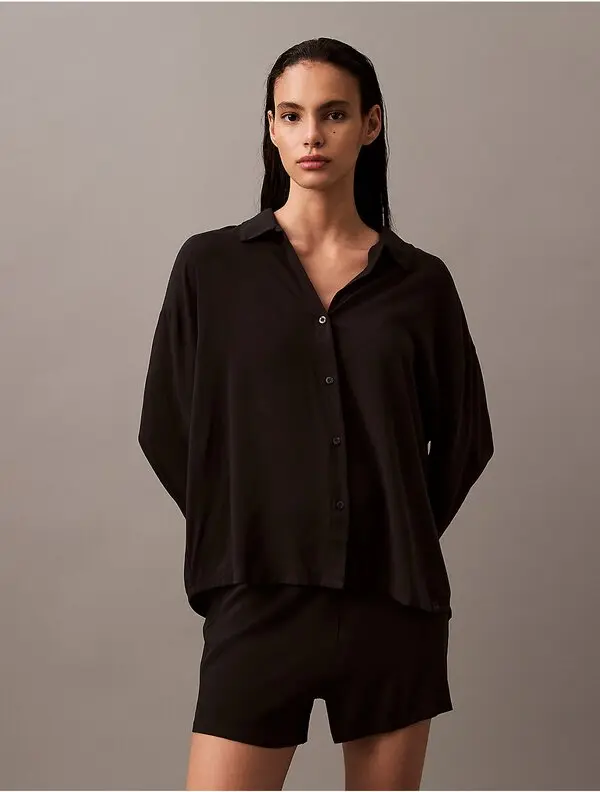 Calvin Klein Woven Viscose Button-down Sleep Shirt - Black