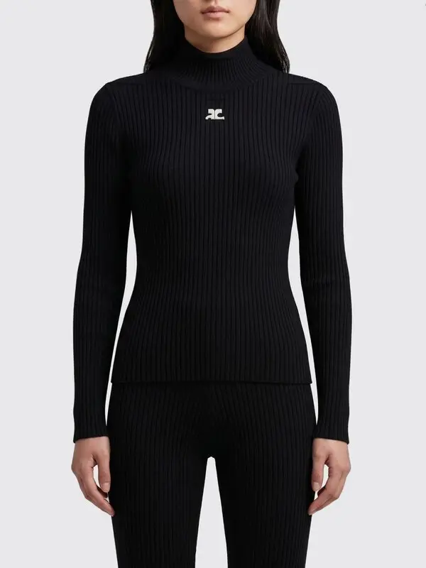 COURREGES Ribbed Turtleneck Sweater With Embroidered Logo - Black