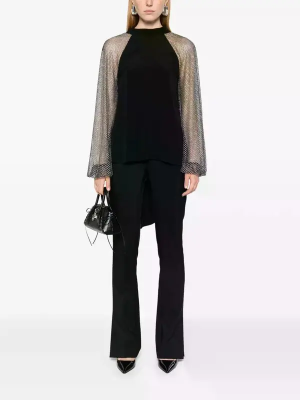 GENNY Rhinestone Embellished Mesh-sleeve Blouse