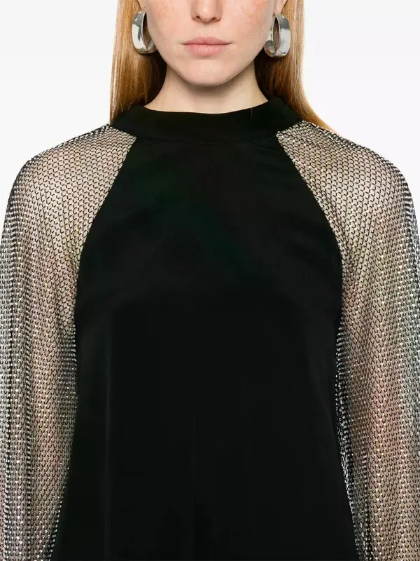 GENNY Rhinestone Embellished Mesh-sleeve Blouse