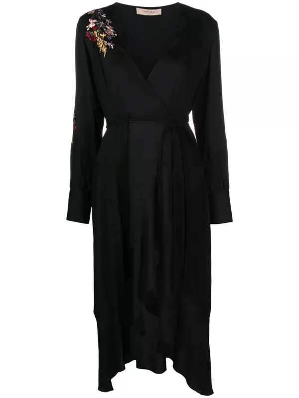 TWINSET Floral-embroidered Crepe Wrap Dress - Black