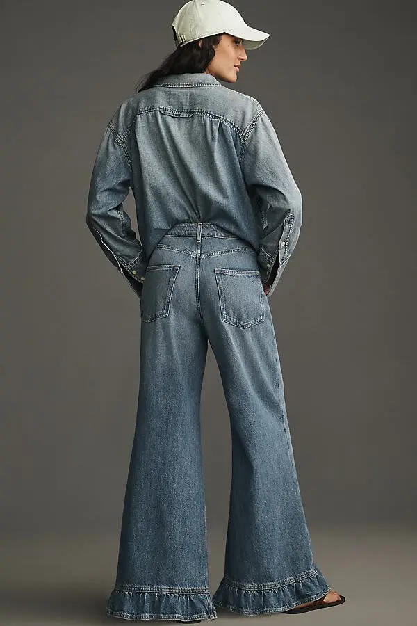 PILCRO Solene High-rise Wide-leg Ruffle Flare Jeans