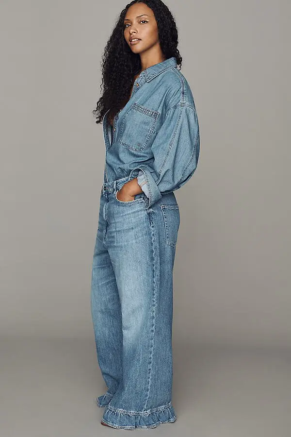 PILCRO Solene High-rise Wide-leg Ruffle Flare Jeans
