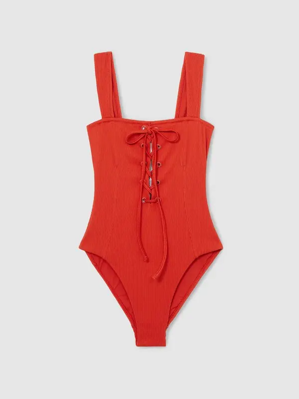 REISS Fabienne Ribbed Lace-up Swimsuit