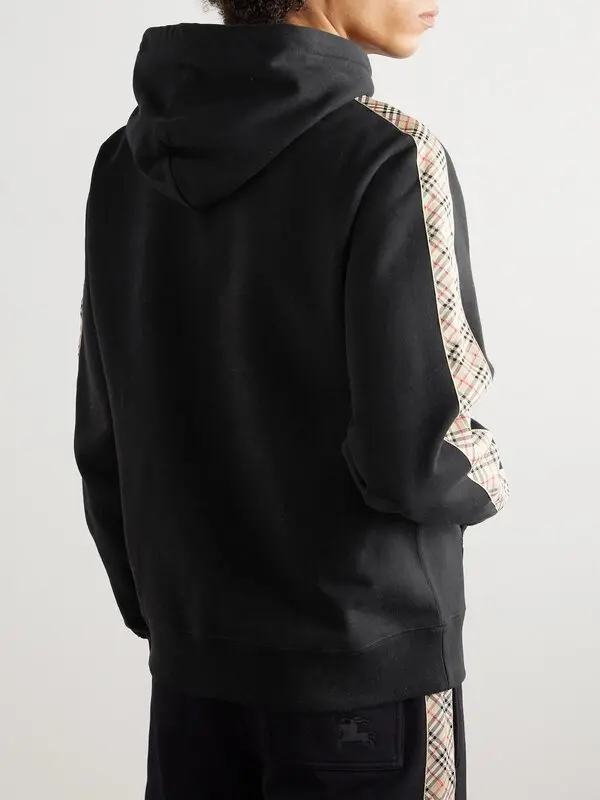 Burberry Checked Logo-embroidered Cotton-jersey Hoodie - Black