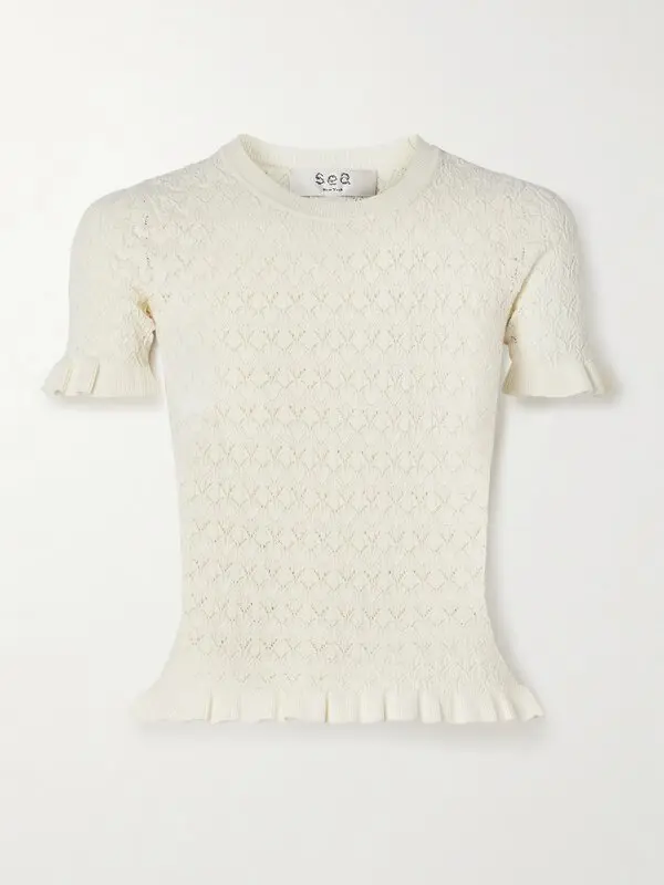 Sea Rue Ruffled Pointelle-knit Top - Neutrals