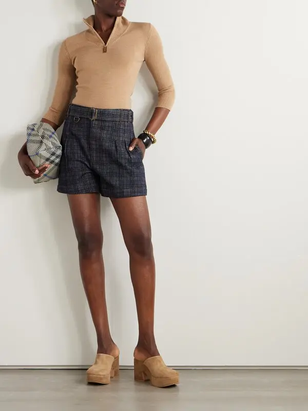 Burberry Belted Checked Denim Shorts