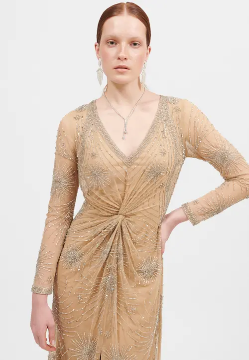 Buy BEAUUT Embellished Sequin Beaded Maxi Dress - Taupe Blush At 60% Off |  Editorialist