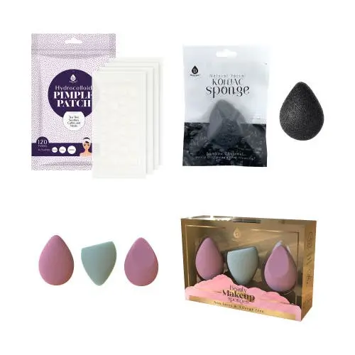 PURSONIC Beauty Essentials Bundle3-pack Multi-shape Makeup Sponges + Natural Charcoal Konjac Sponge + 120-count Hydrocolloid Pimple Patch Set - Multicolor
