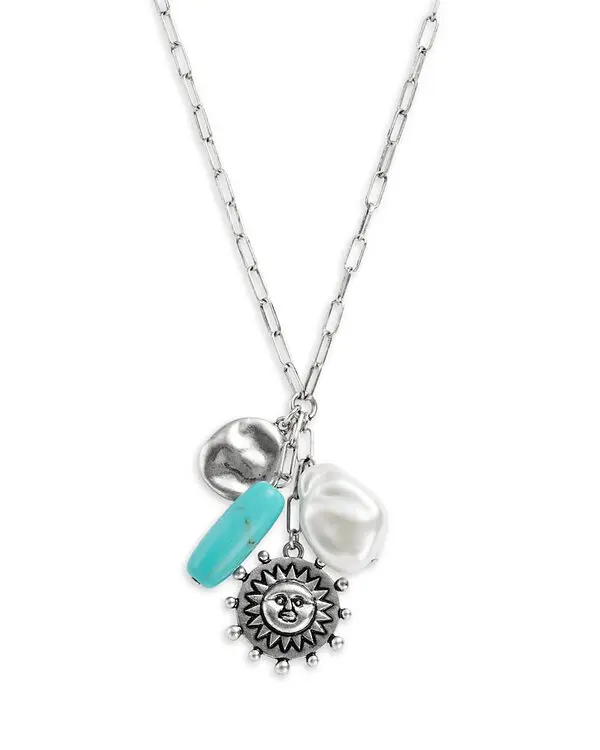 Aqua Mixed Stone Charm Pendant Necklace - Silver