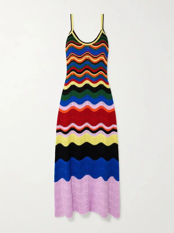 La DoubleJ Striped Crocheted Cotton Maxi Dress - Blue