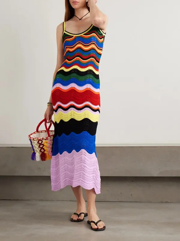 La DoubleJ Striped Crocheted Cotton Maxi Dress
