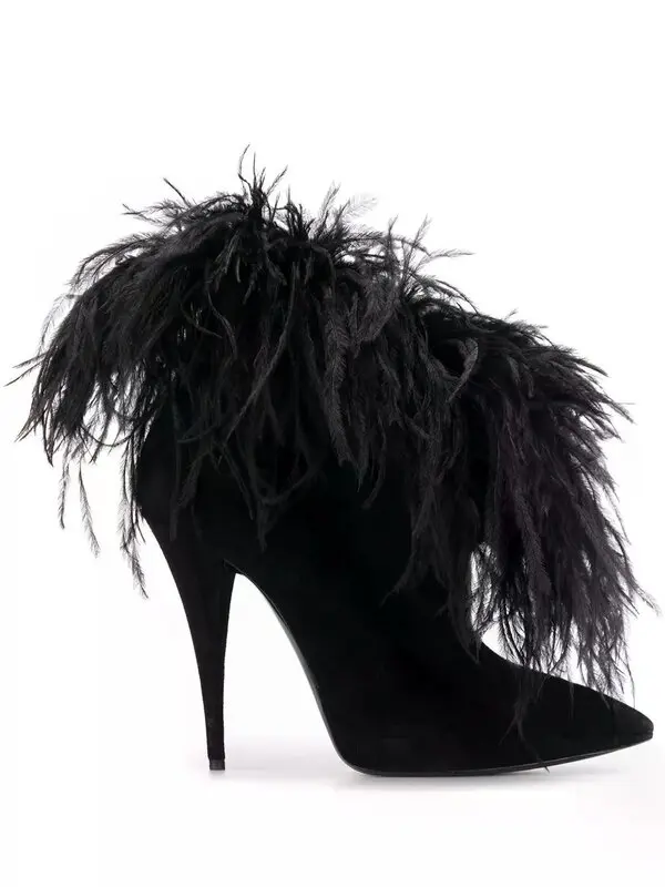 Saint Laurent Suede Ankle Boots With Ostrich Feather Detailing