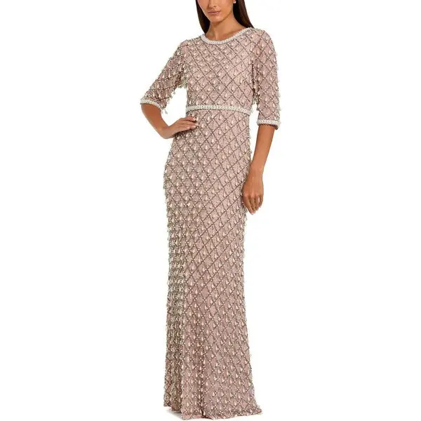 Mac Duggal Pearl & Crystal Embellished Evening Gown