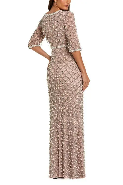 Mac Duggal Pearl & Crystal Embellished Evening Gown
